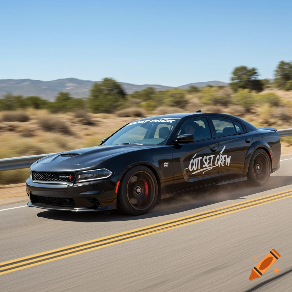 A black Dodge Charger Scat Pack drives down a desert road with text on ...