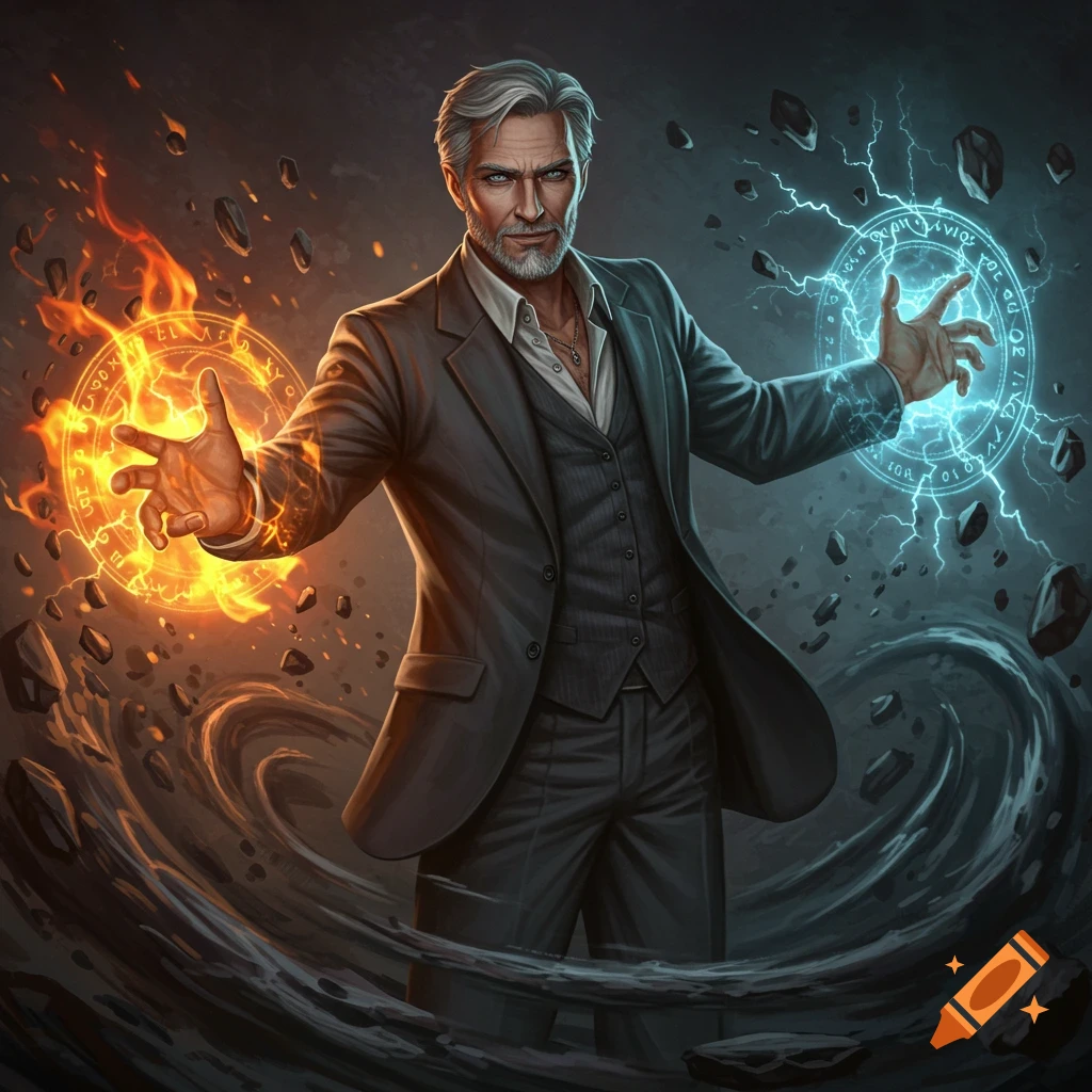 50 year old college professor with salt and pepper hair and elemental magic powers on Craiyon