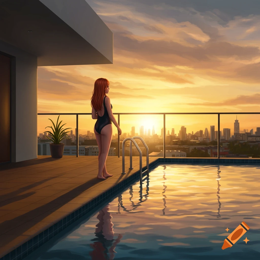 Woman with red hair at rooftop pool on Craiyon