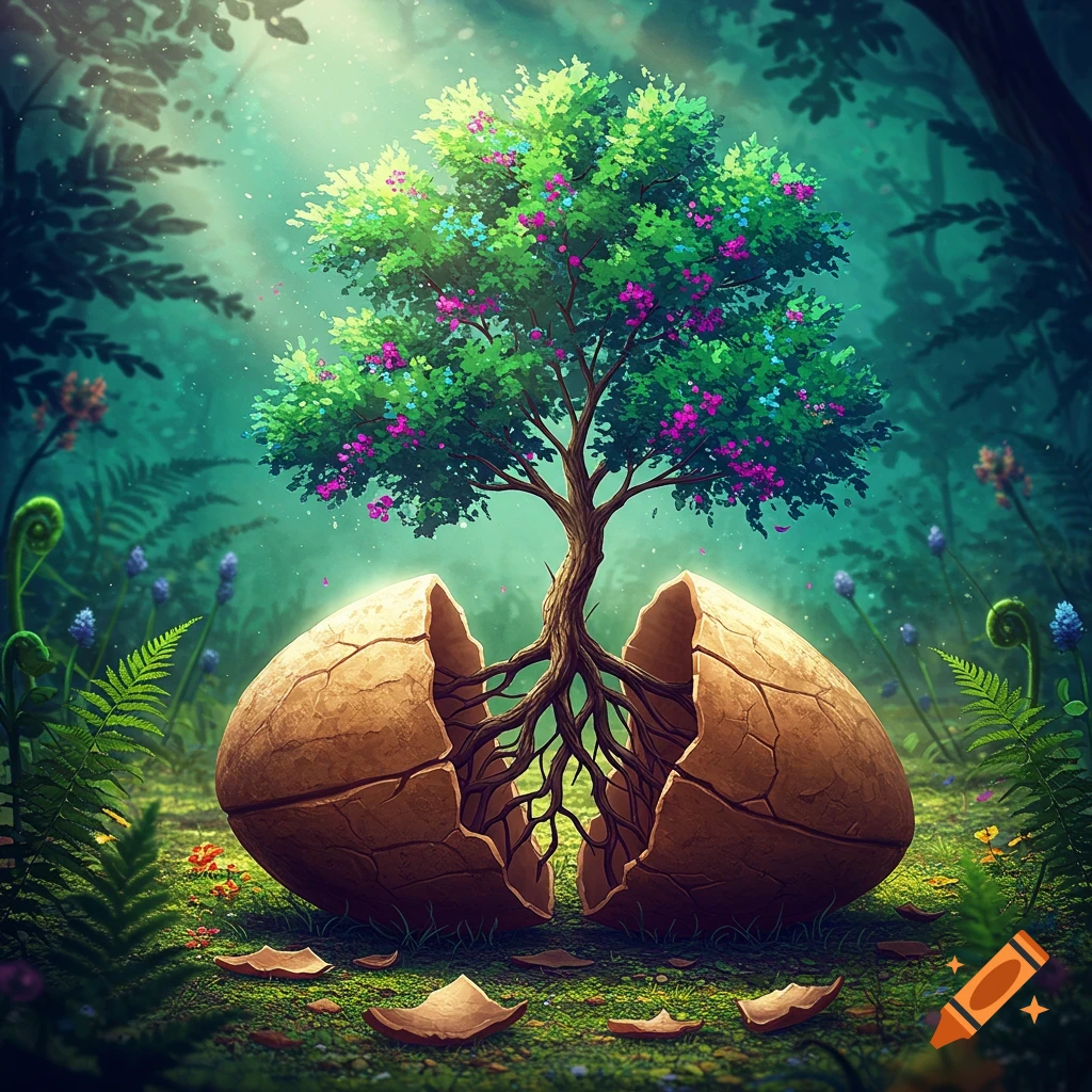 Cracked seed with flowering tree growing on Craiyon