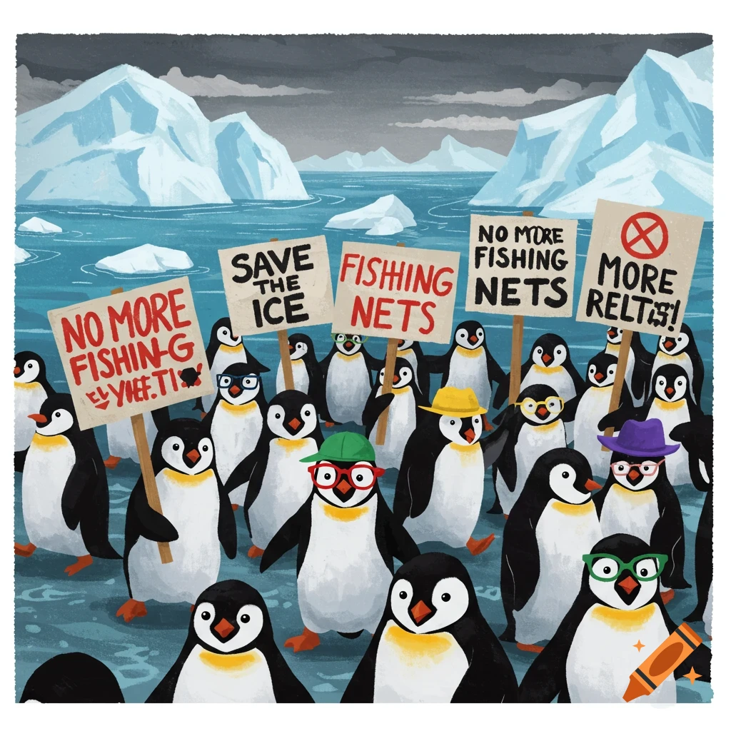 Cartoon penguins hold protest signs on ice. on Craiyon