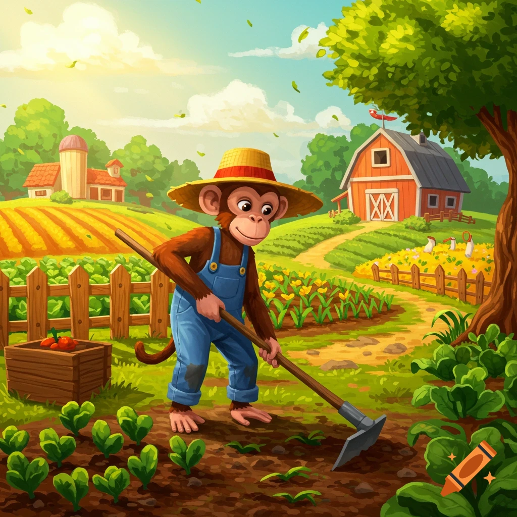 Old MacDonald waving goodbye in sunny farm with animals like cows ...