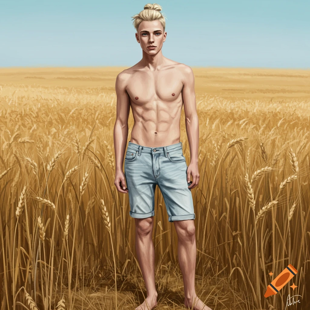 Young man with pale skin and blonde hair in a wheat field. on Craiyon
