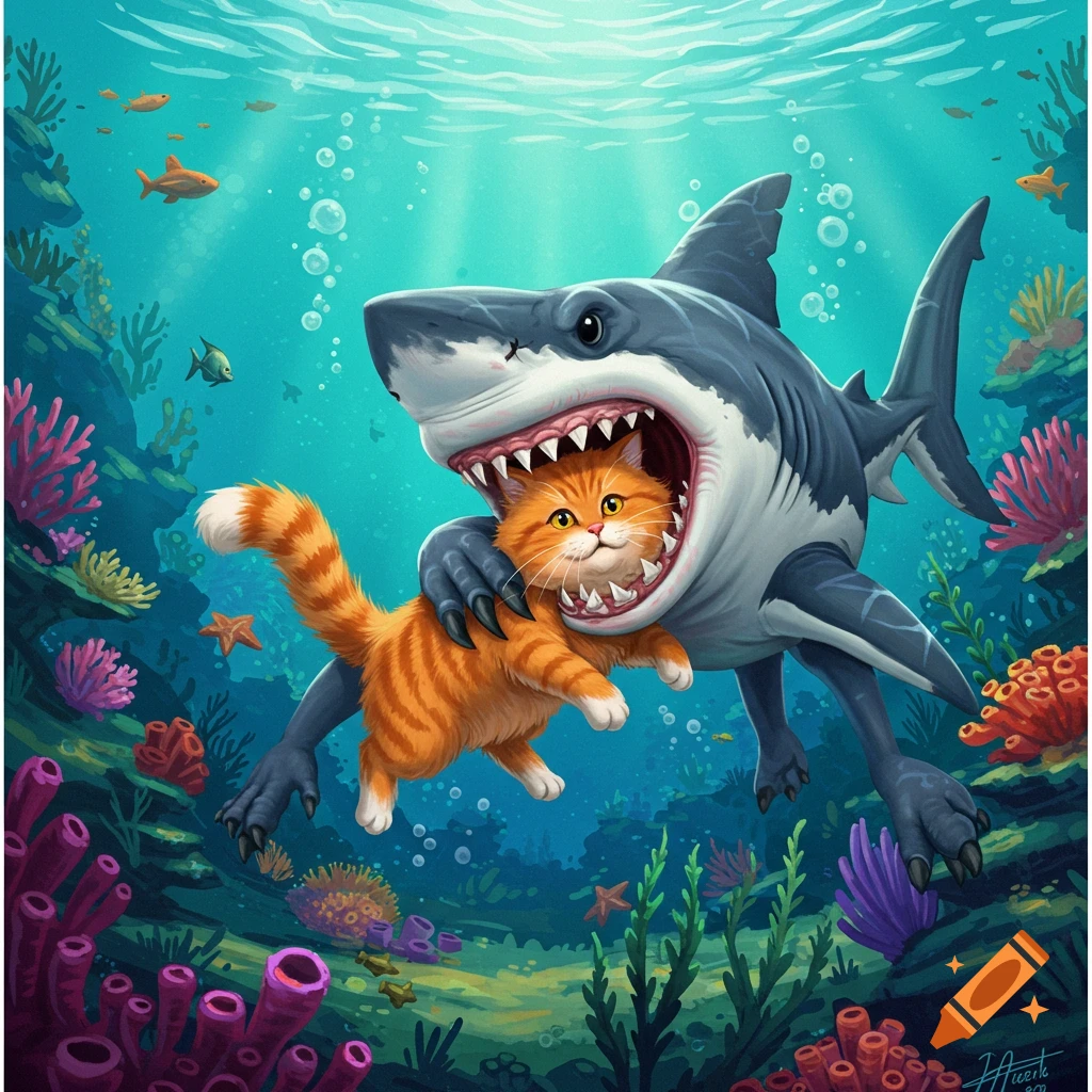 A four-legged shark playfully biting a cat on Craiyon