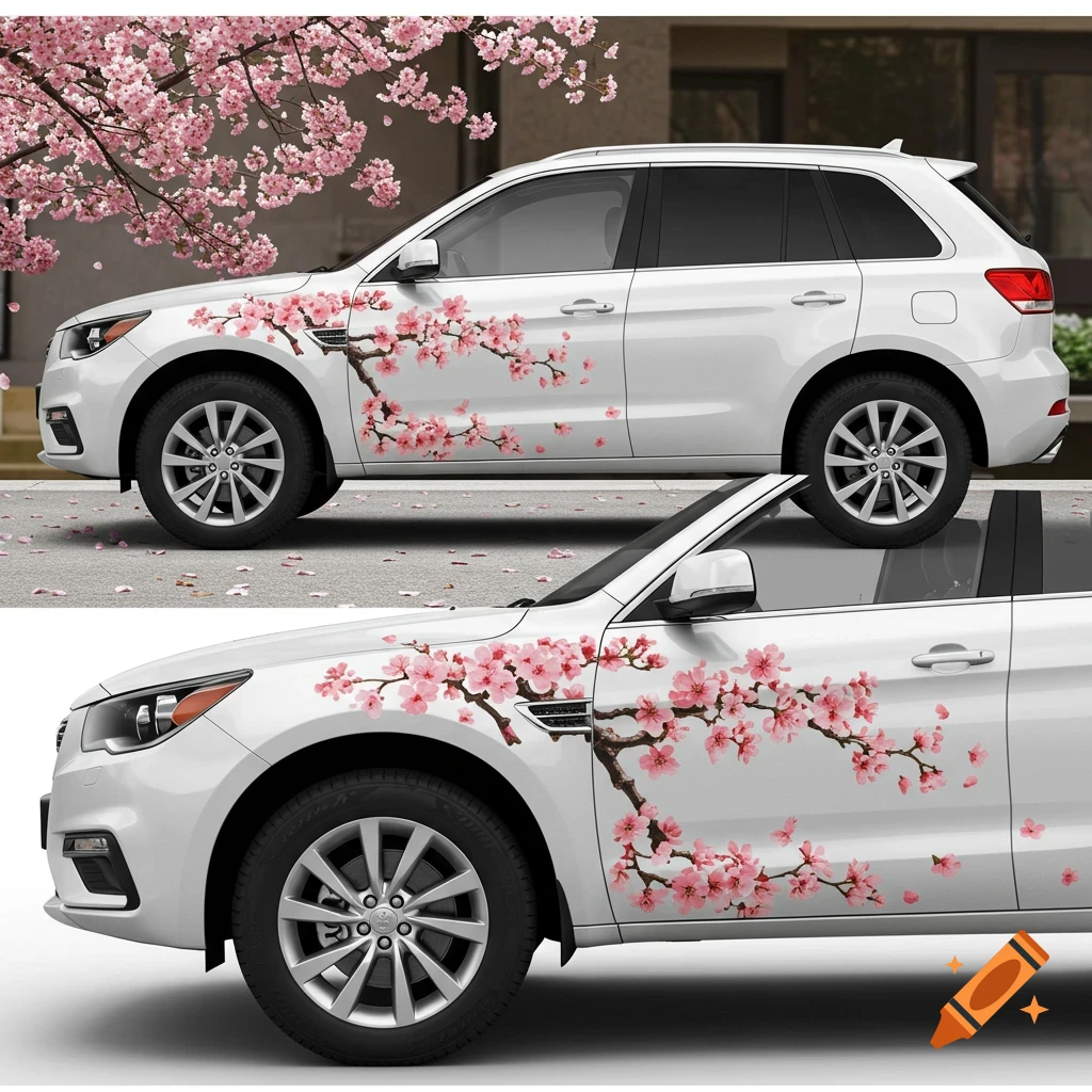Sakura cherry blossom decal on a white 2017 SUV. on Craiyon