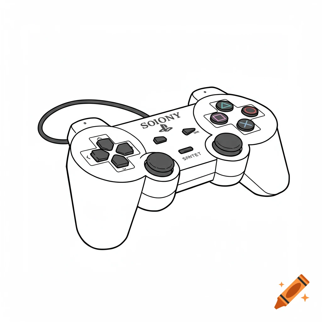 Minimalistic black and white drawing of a PlayStation 1 controller on ...