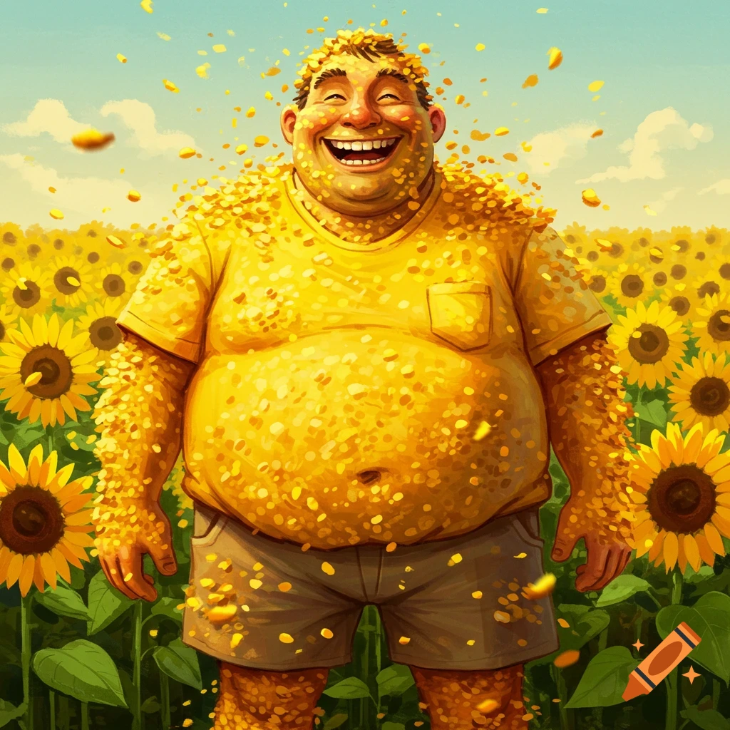 A man covered in pollen is smiling in a field of sunflowers. on Craiyon