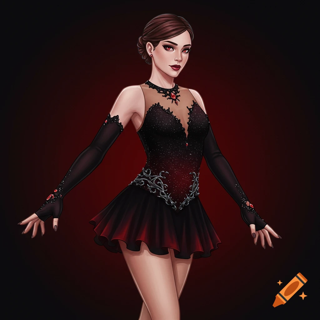 A woman in a black and red figure skating dress with dark metallic ...