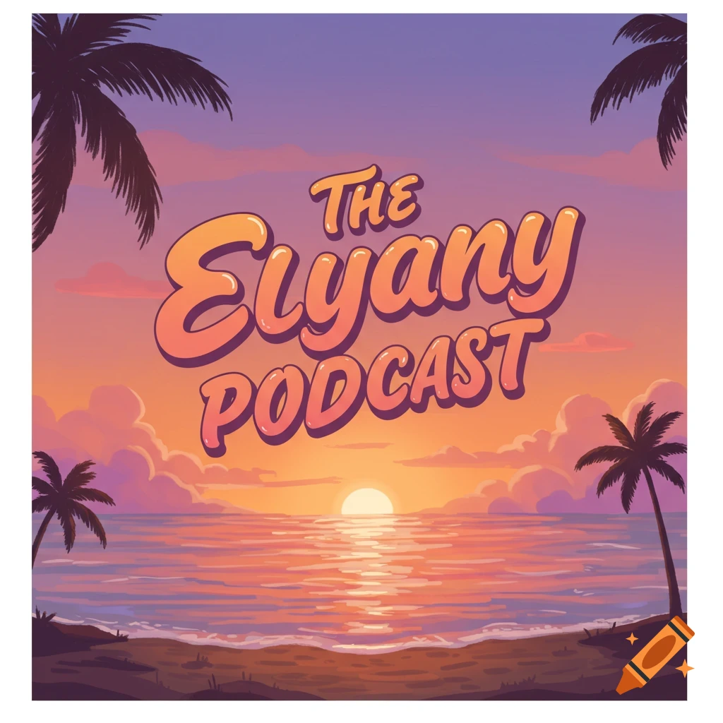 Tropical beach sunset illustration with palm trees and 'The Elyany ...