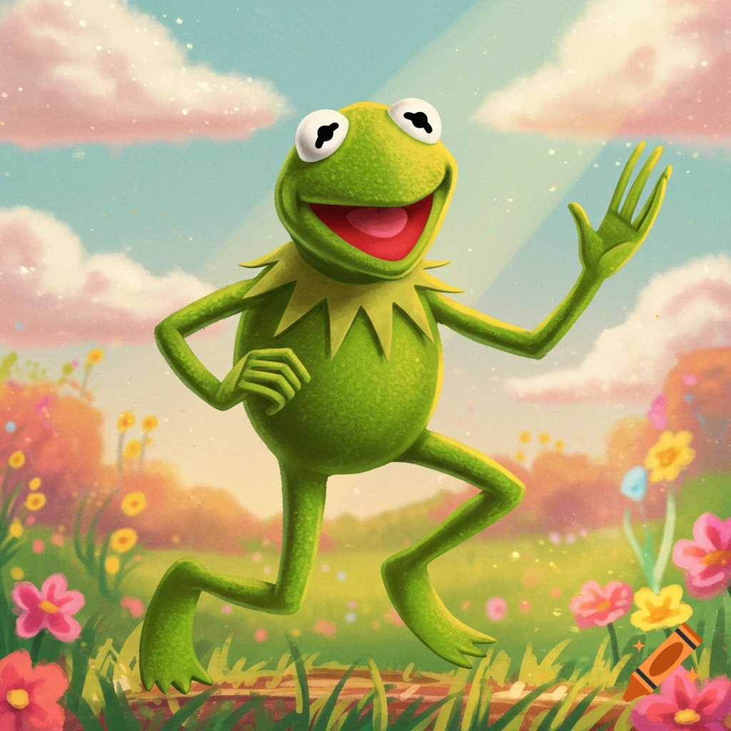 Illustration of Kermit the Frog smiling and gesturing in a grassy field ...