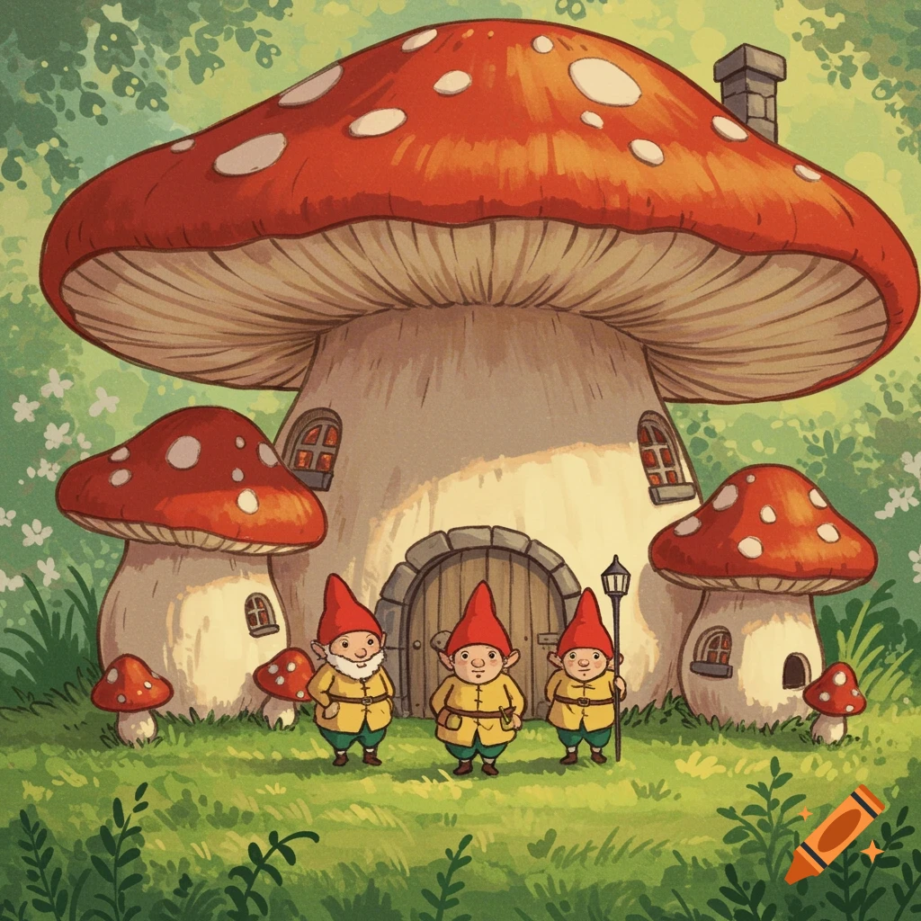 Gnomes in mushroom houses riding squirrels. on Craiyon