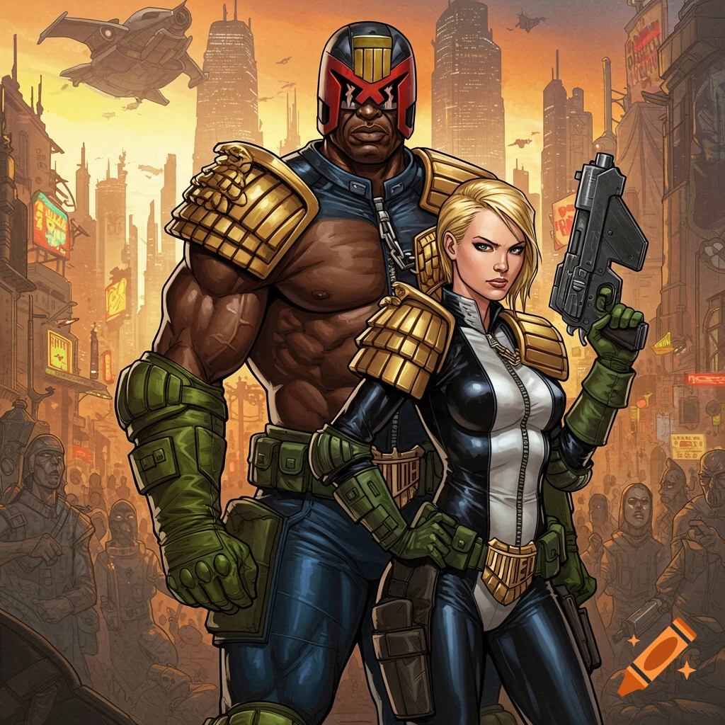 Comic art of Judge Dredd and Judge Anderson standing in a futuristic city. on Craiyon