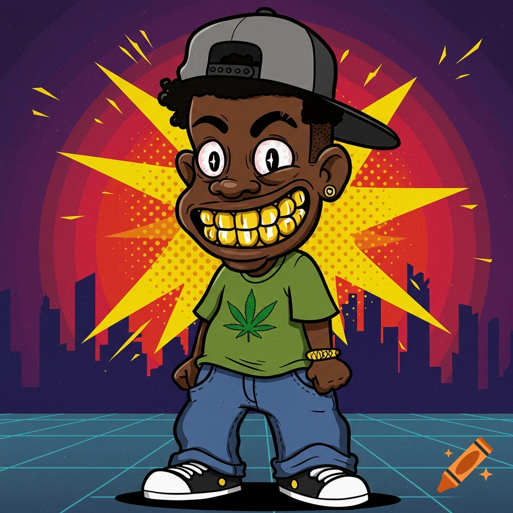 Black cartoon character with gold teeth on Craiyon