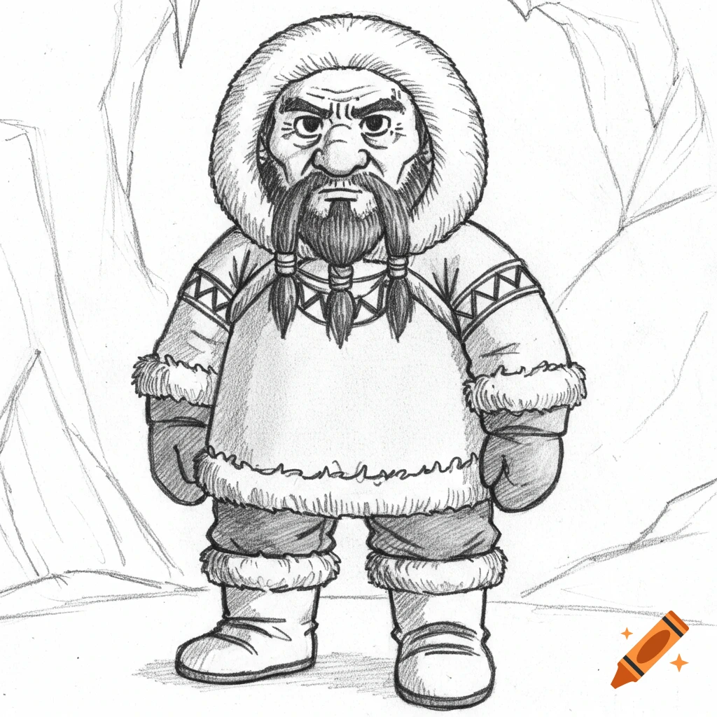 Pencil sketch of a fantasy character resembling an Inuit man in a cave. on Craiyon