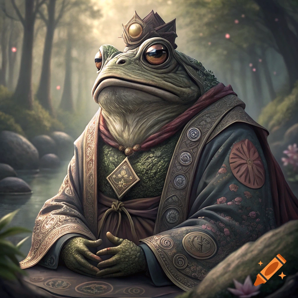 A lordly toad creature wearing a crown and ornate robe sits in a forest ...
