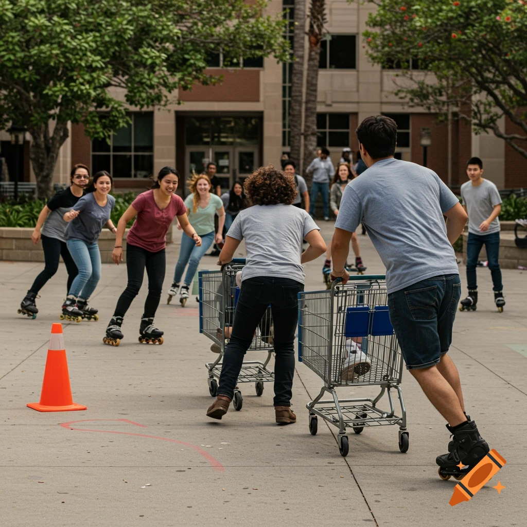 College students racing in shopping cart, roller blades and skateboard ...