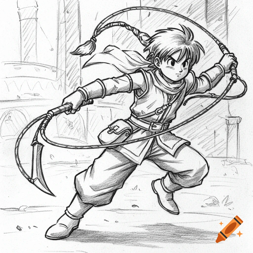 Pencil sketch of a young anime-style character with a whip in an action ...