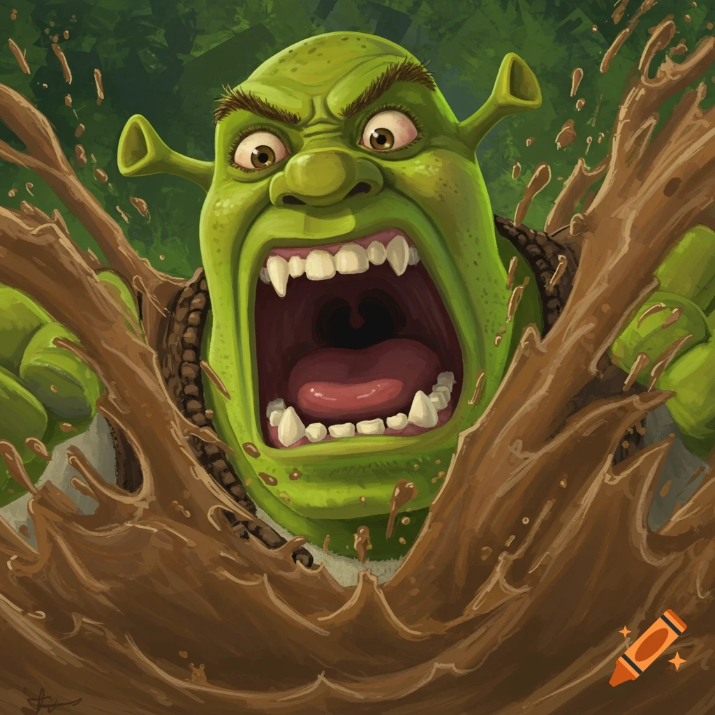 Angry Shrek with wide open mouth and popping eyes in splashing brown water on Craiyon