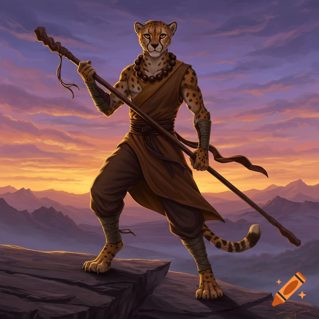 Humanoid cheetah fantasy monk with quarterstaff on cliff on Craiyon