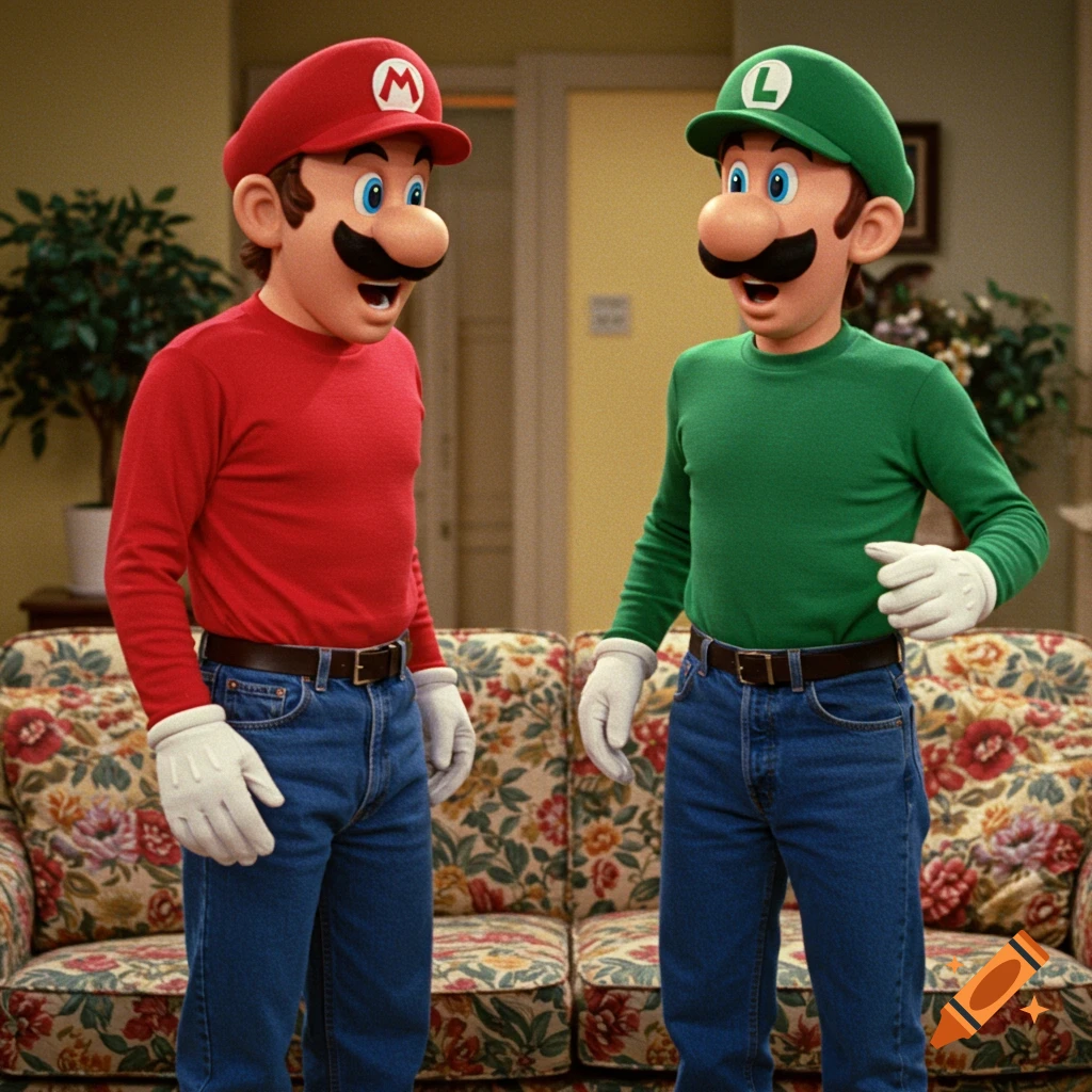 Mario and Luigi as 1980s sitcom stars on Craiyon