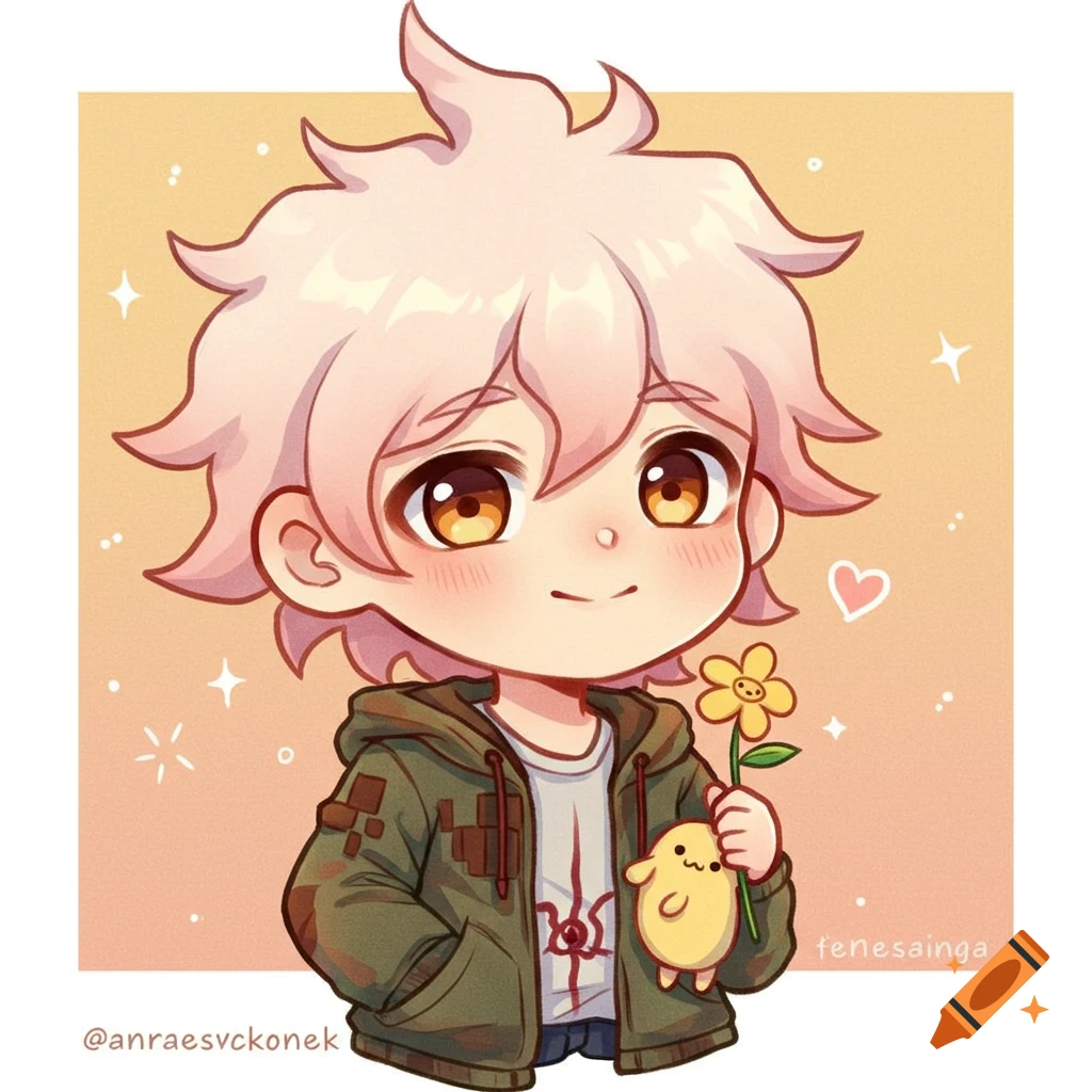 Cute anime chibi character holding a flower and small yellow creature ...