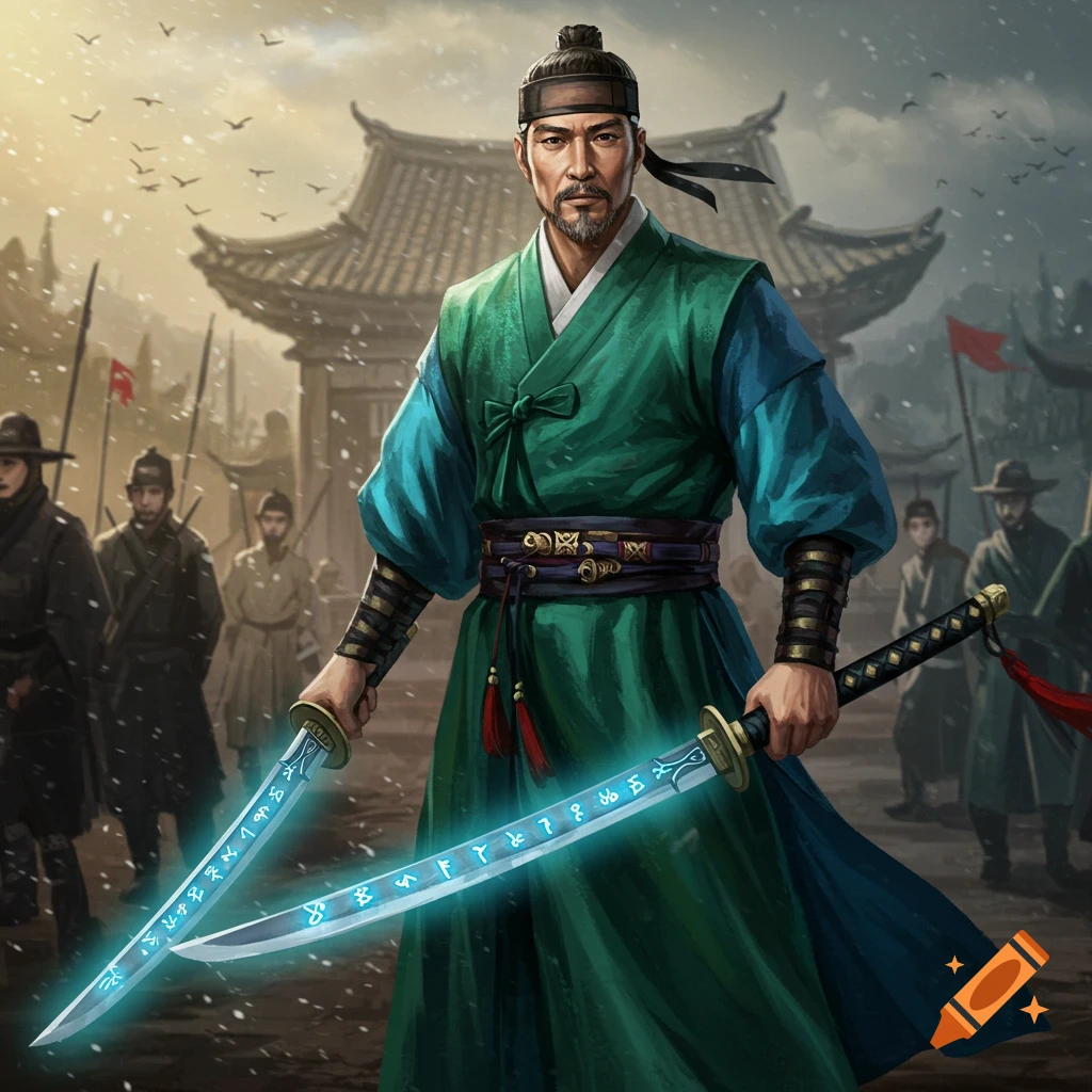 Fantasy novel cover art featuring a Korean man with glowing rune swords ...