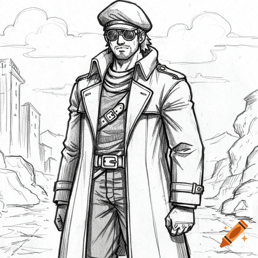 Dragon Quest style pencil sketch of a man in sunglasses and trenchcoat ...