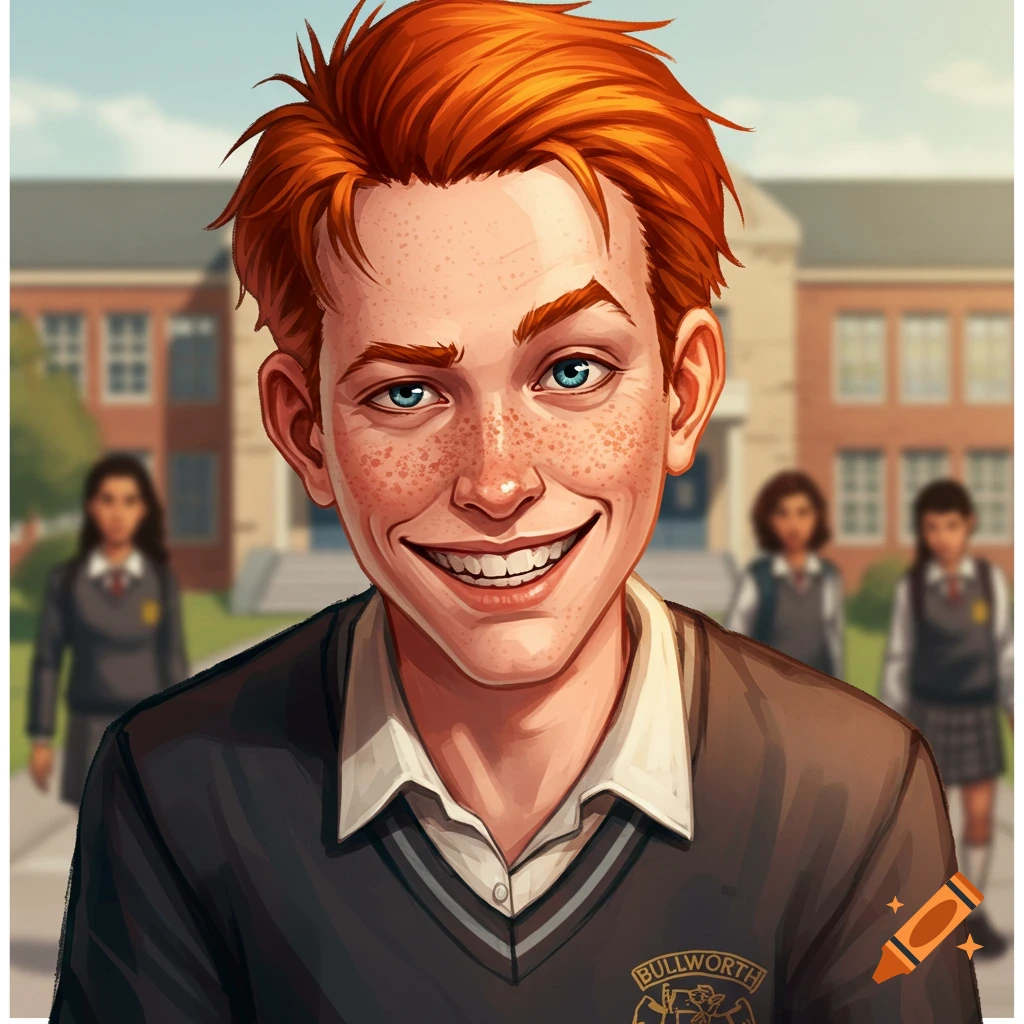 A smiling young person with red hair and freckles in a school uniform ...