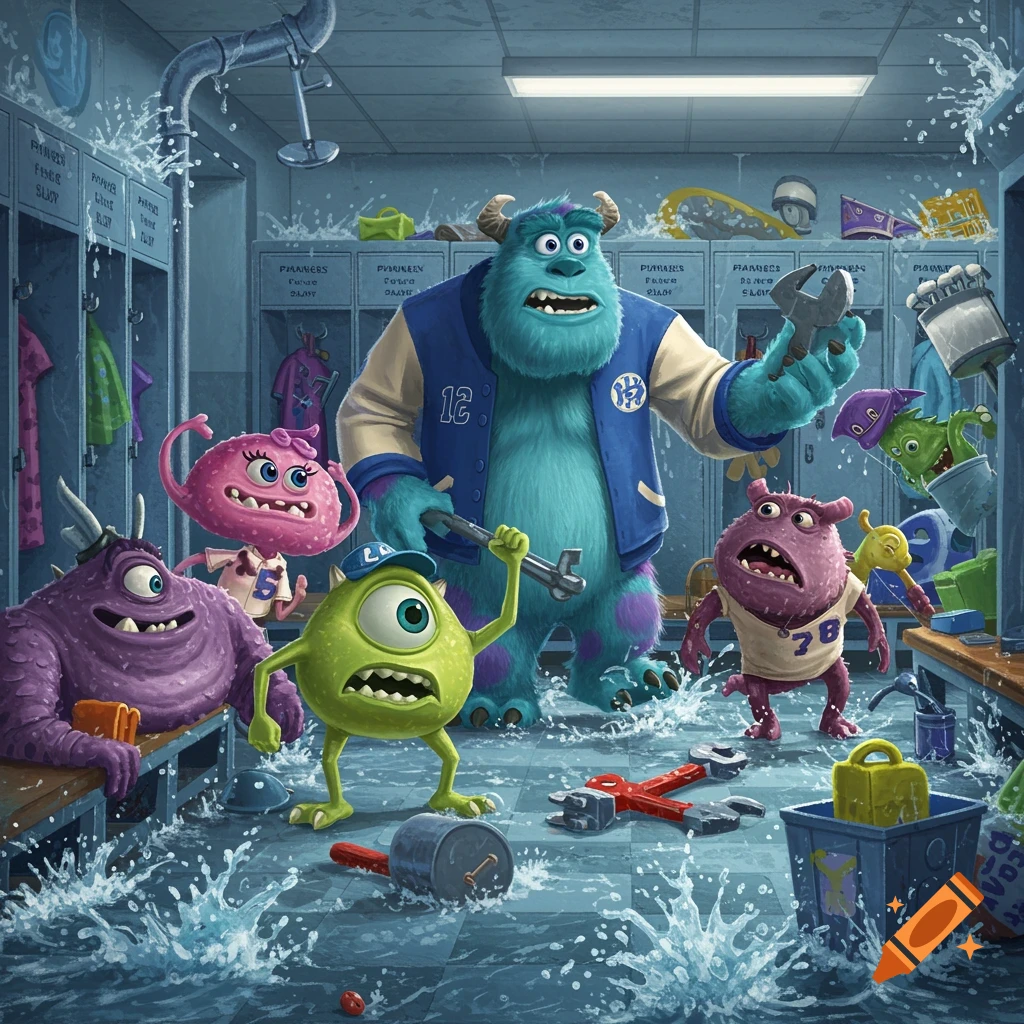 Cartoon monsters in a flooded locker room, some trying to fix a broken ...