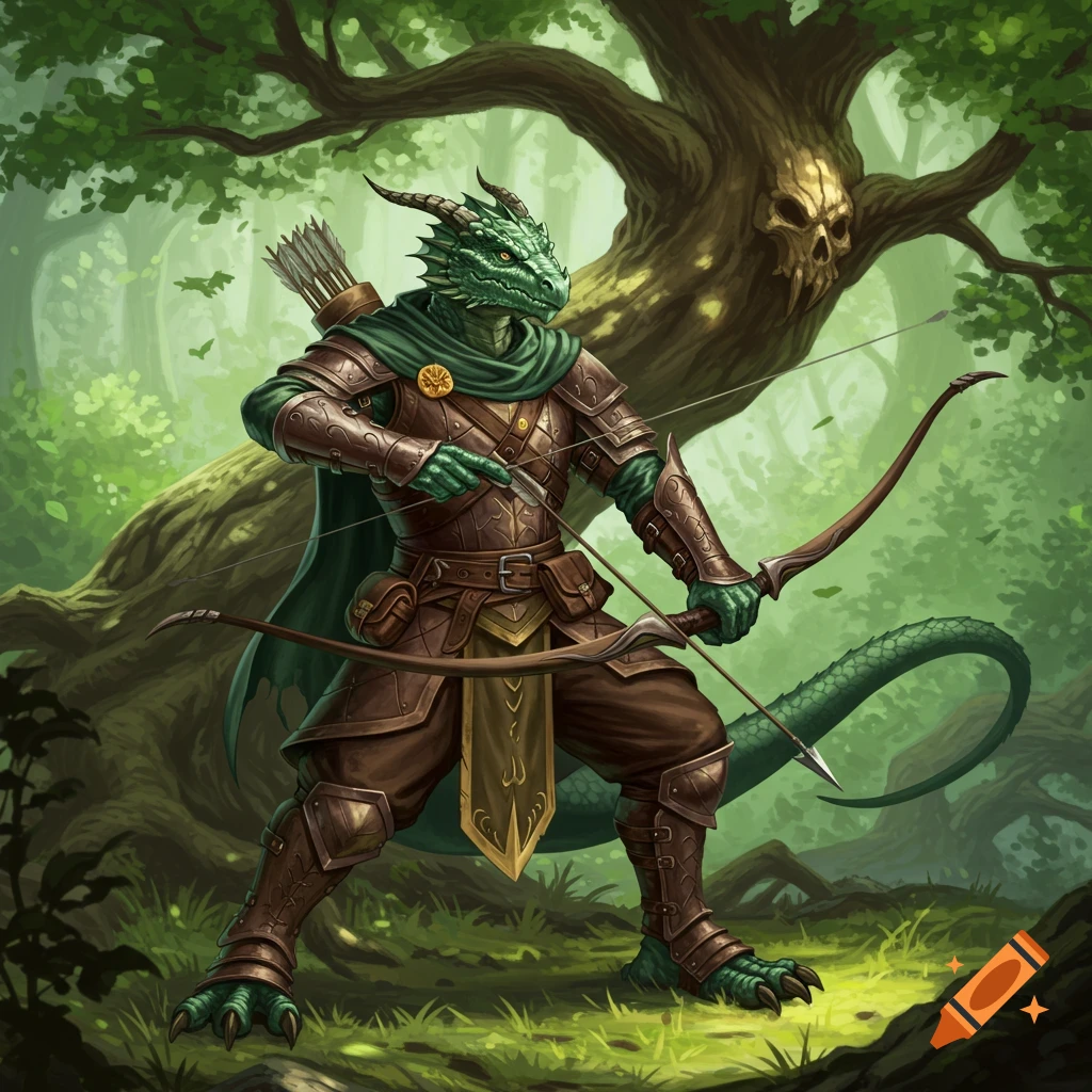 A muscular orange dragonborn ranger in leather armor holds a bow in a ...