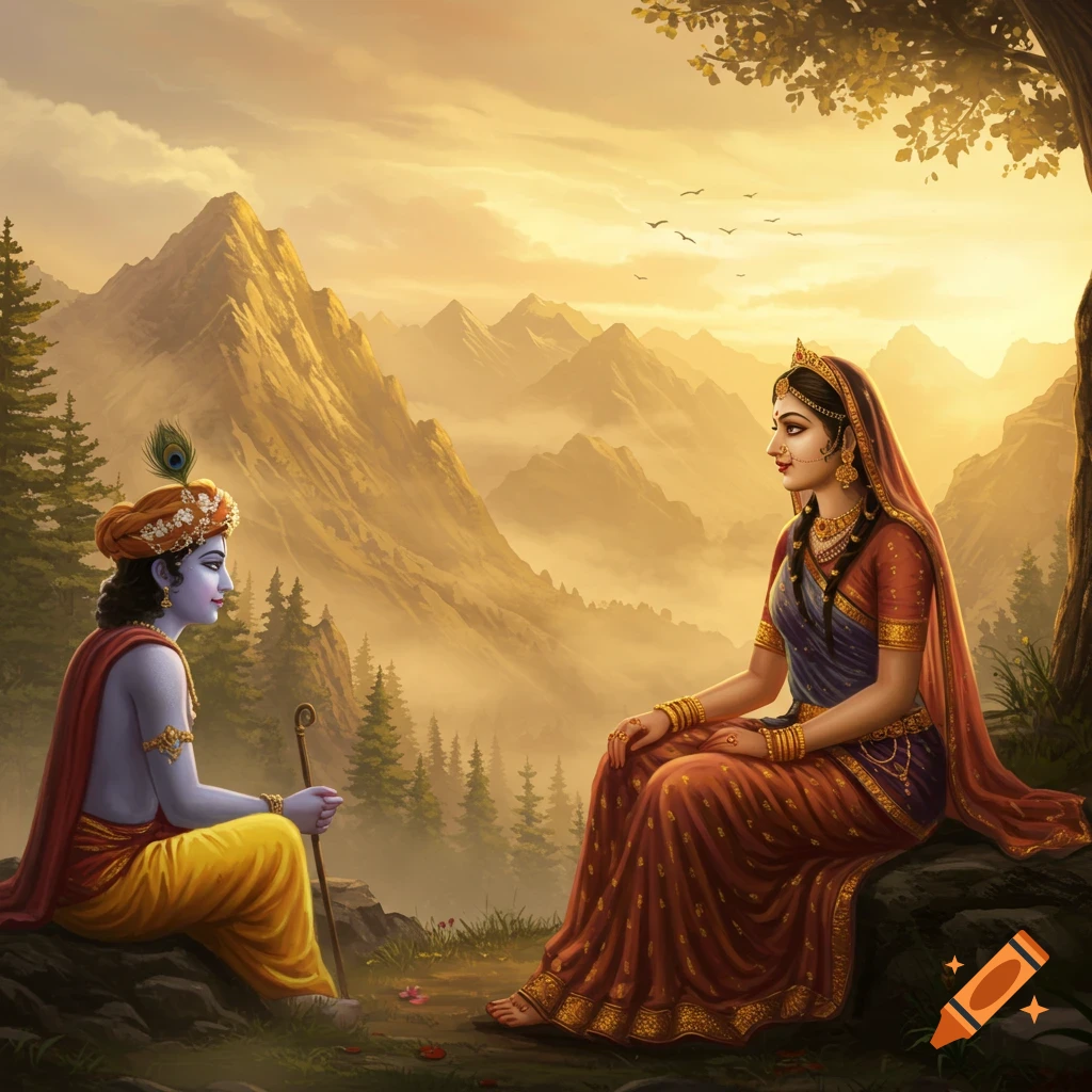 Krishna and Radha sitting in a mountainous landscape at sunset. on Craiyon