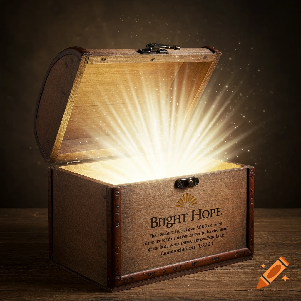 Rustic wooden chest with light rays emanating and logo 'Bright Hope ...