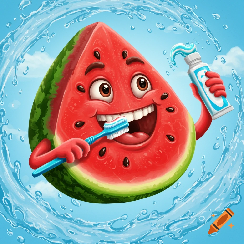 A whimsical cartoon watermelon character brushes its teeth while ...