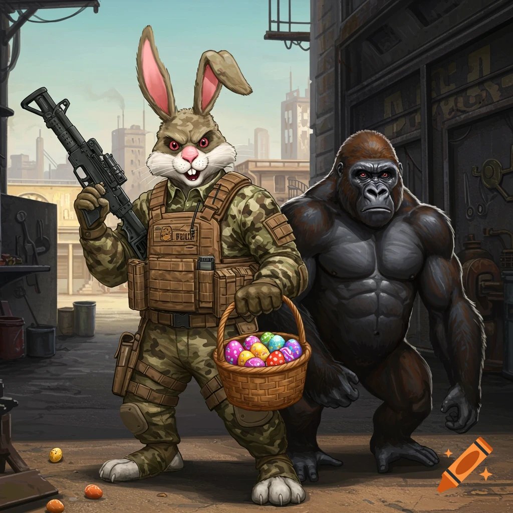 Tactical Easter Bunny in camo with AR parts basket beside a gorilla on Craiyon