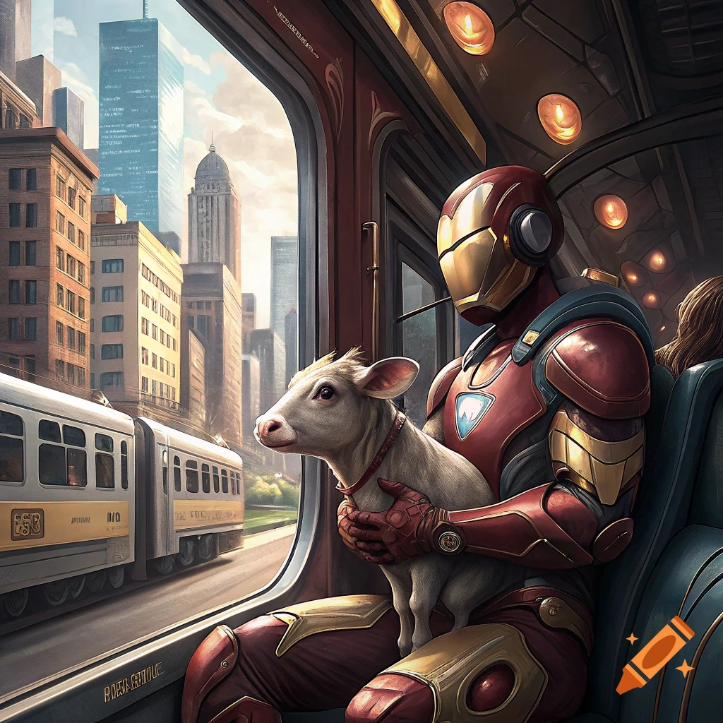 Iron Man riding a train in the city with a baby cow on Craiyon