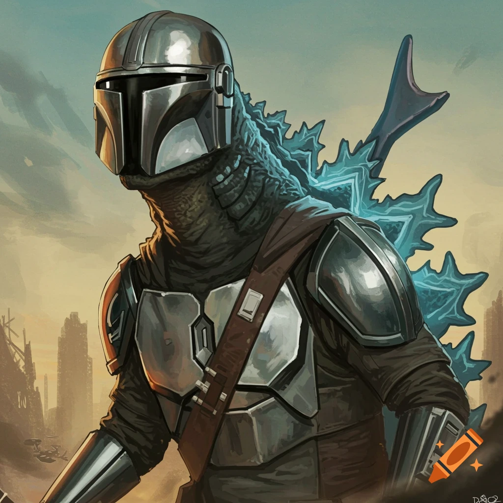 Godzilla wearing Mandalorian armor standing in a destroyed city. on Craiyon