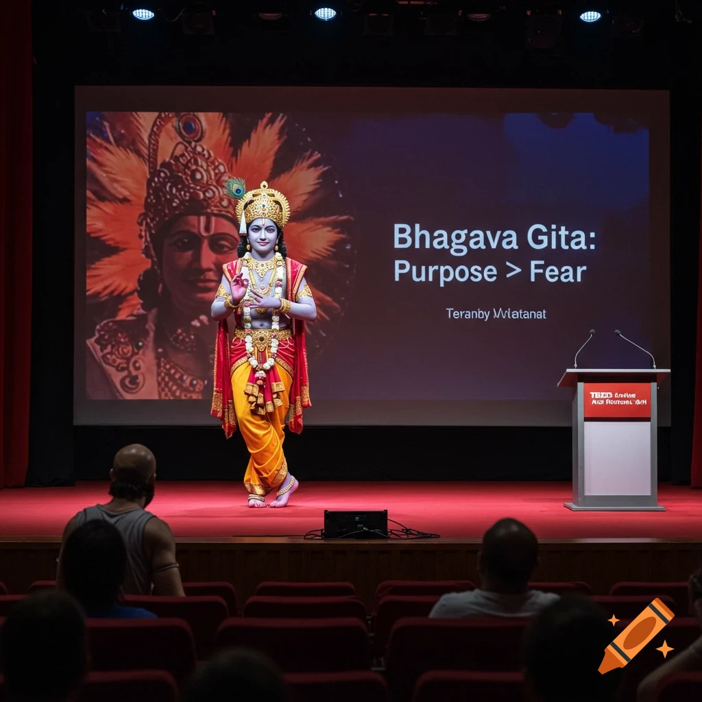 Person dressed as Krishna on stage with a screen showing 'Bhagava Gita: Purpose > Fear' and an ...