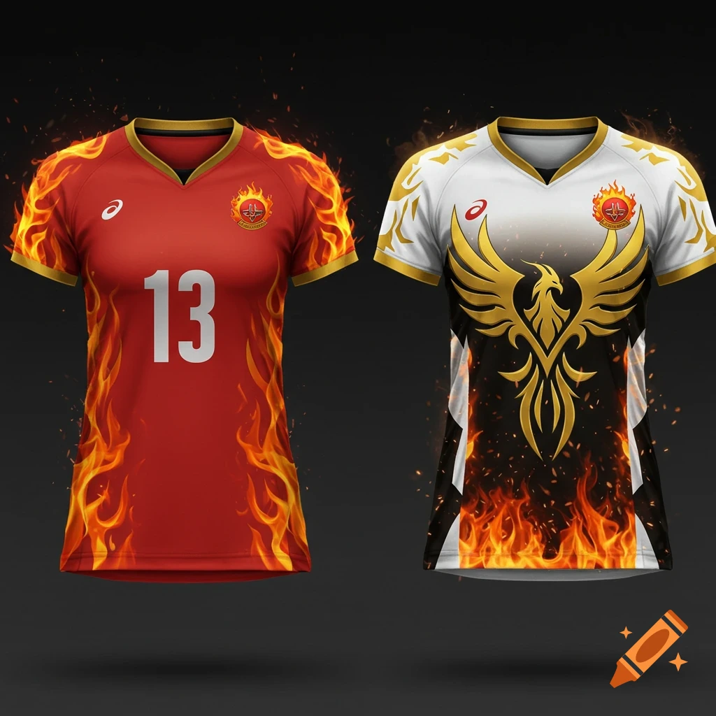Three women's volleyball jerseys in red, black, and white with fire ...