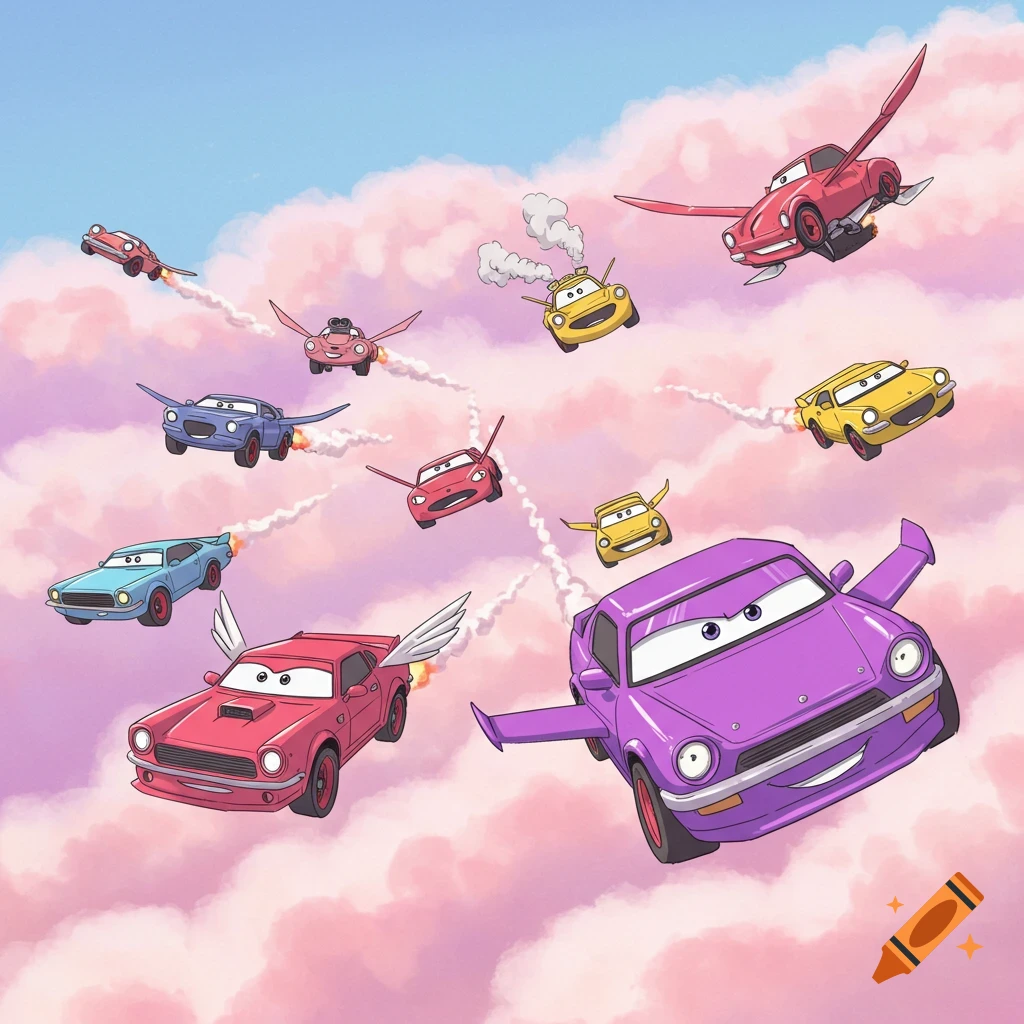 Cartoon cars with wings and jets flying through pink clouds. on Craiyon