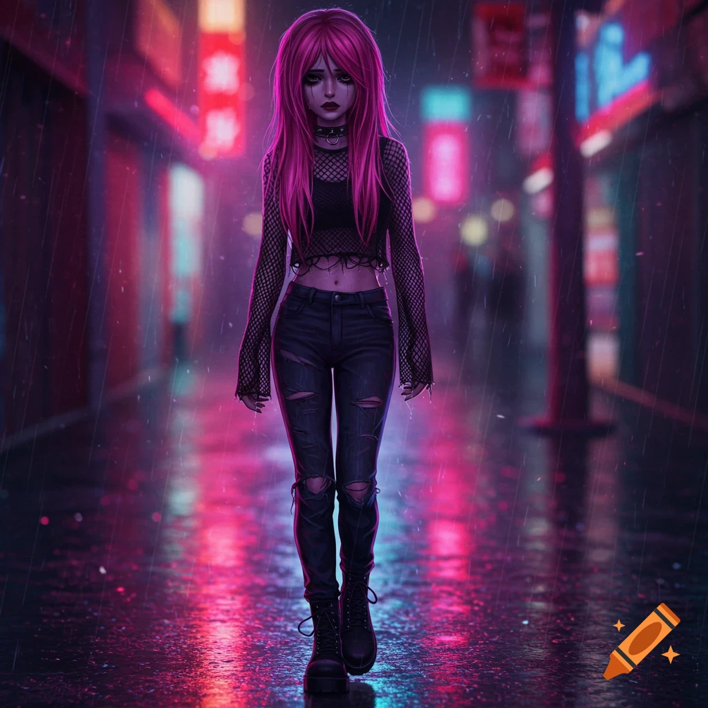 Anime emo girl walking in rainy neon-lit street on Craiyon