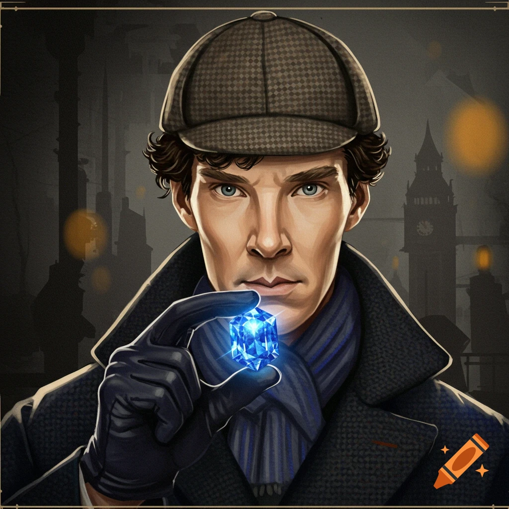 Sherlock Holmes is holding a glowing blue gemstone in a city setting ...