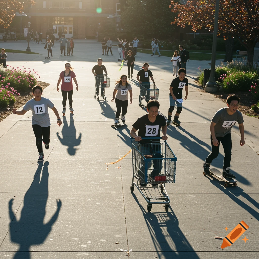 College students racing in shopping cart, roller blades and skateboard ...