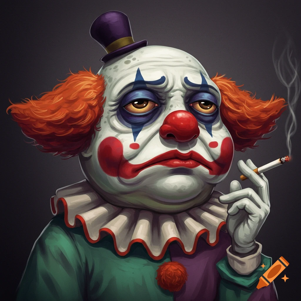 Sad Frog wearing clown makeup smoking a cigarette on Craiyon