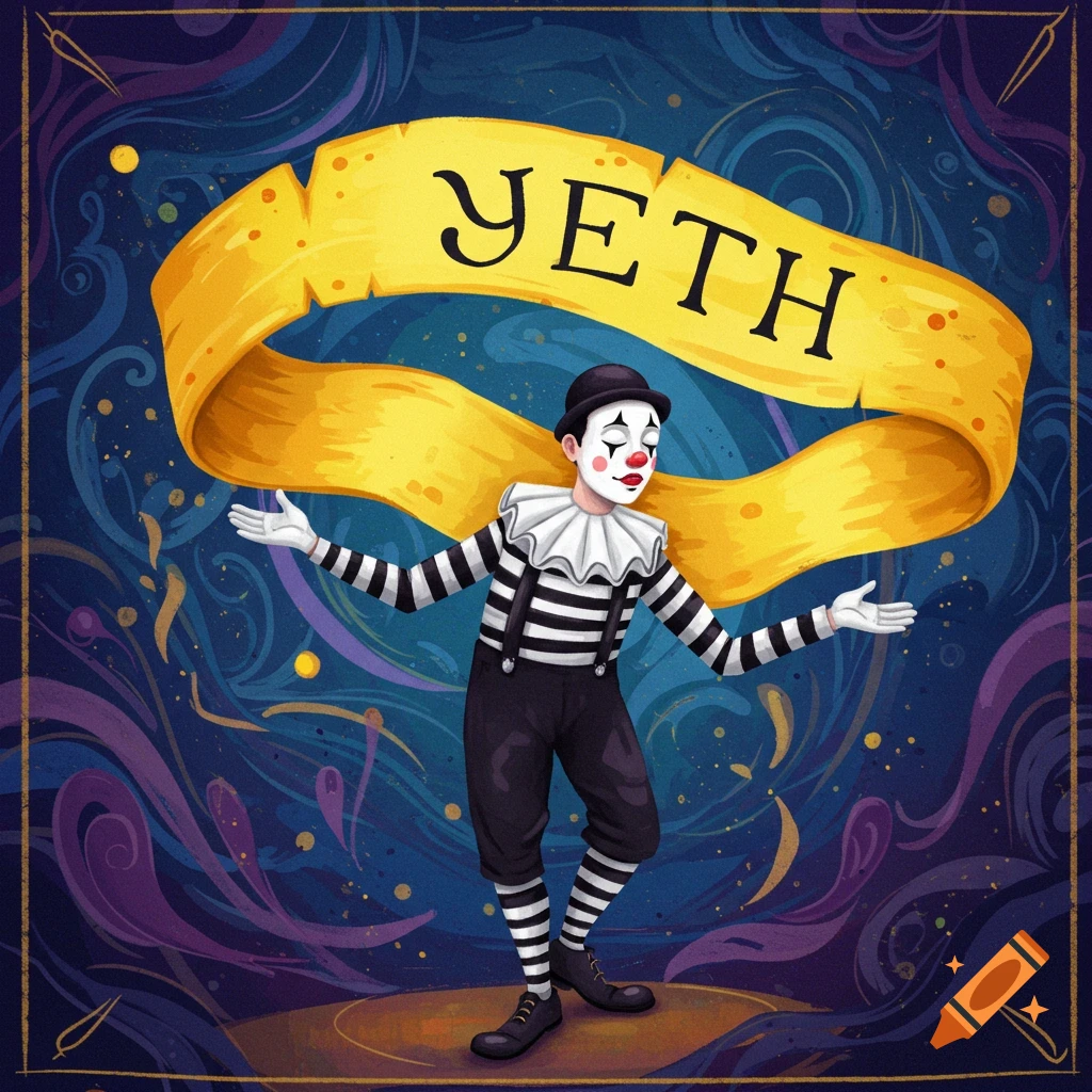 A mime on a stage with a banner that says YETH on Craiyon