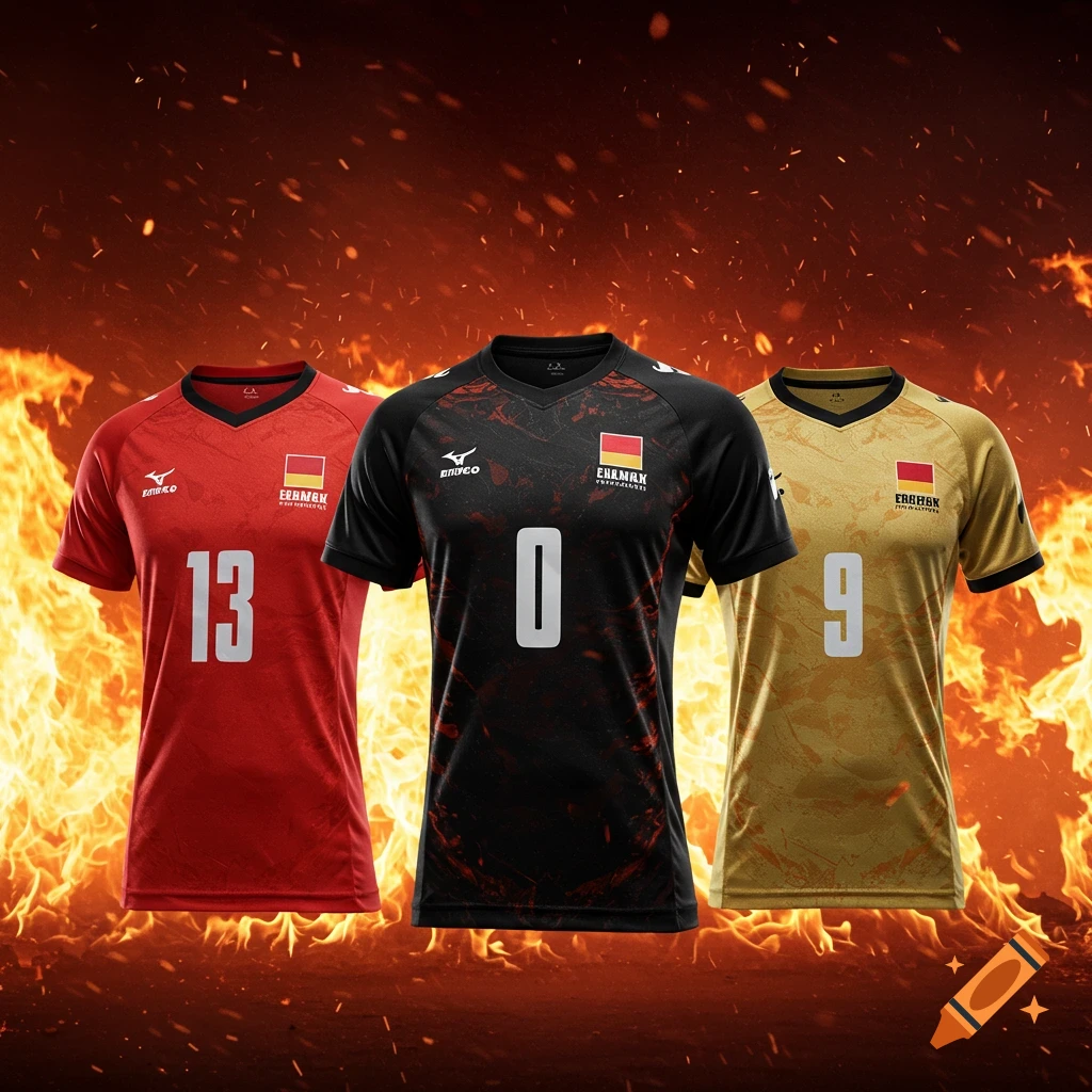 Volleyball jerseys in red, black, and gold with fire elements on Craiyon