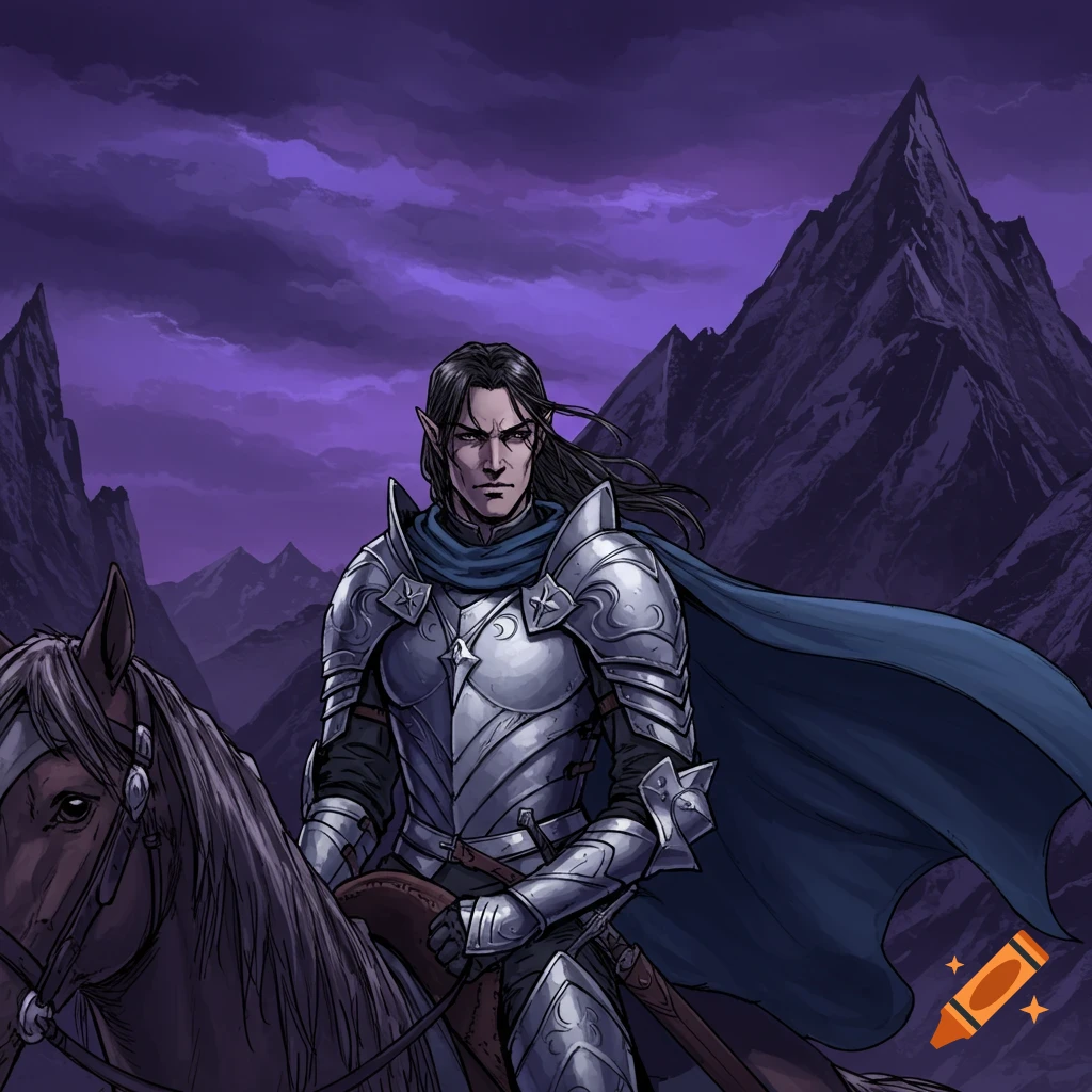 Ink drawing of a dark-haired male elf in silver armor riding towards ...