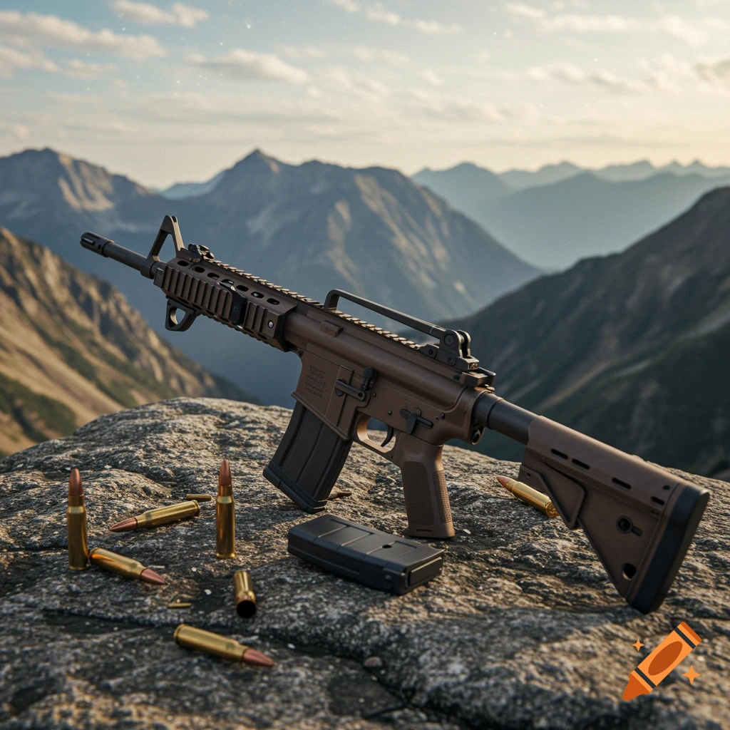 An AR-15 rifle and ammunition rest on a rock with mountains in the ...