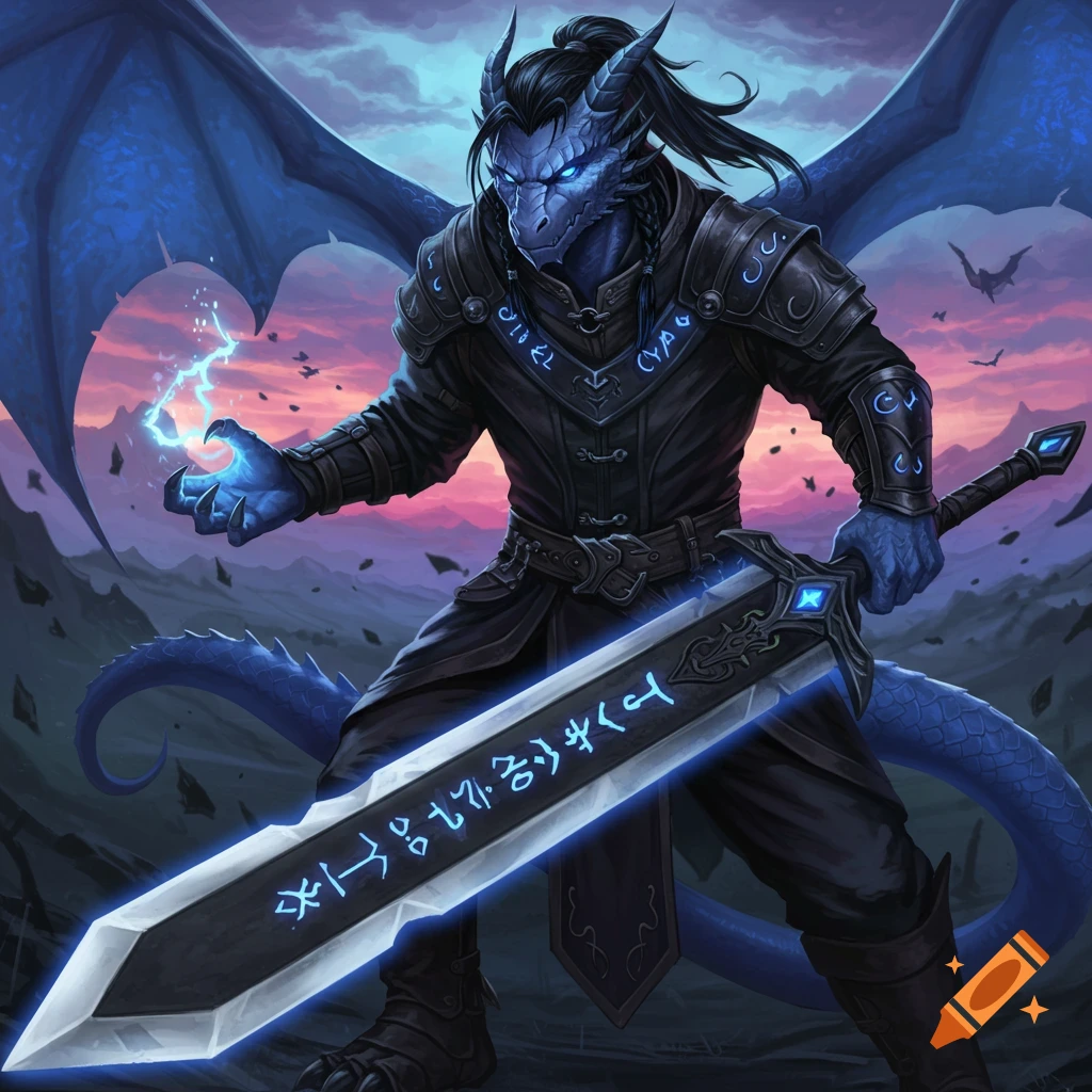 Blue draconic sorcerer in black armor with a glowing sword casts magic ...