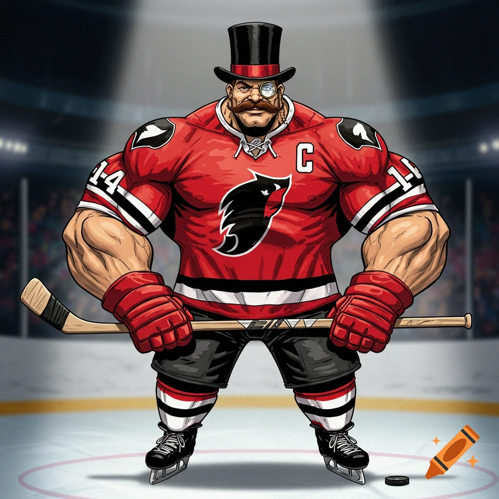 Muscular baron in top hat and monocle as hockey player on Craiyon