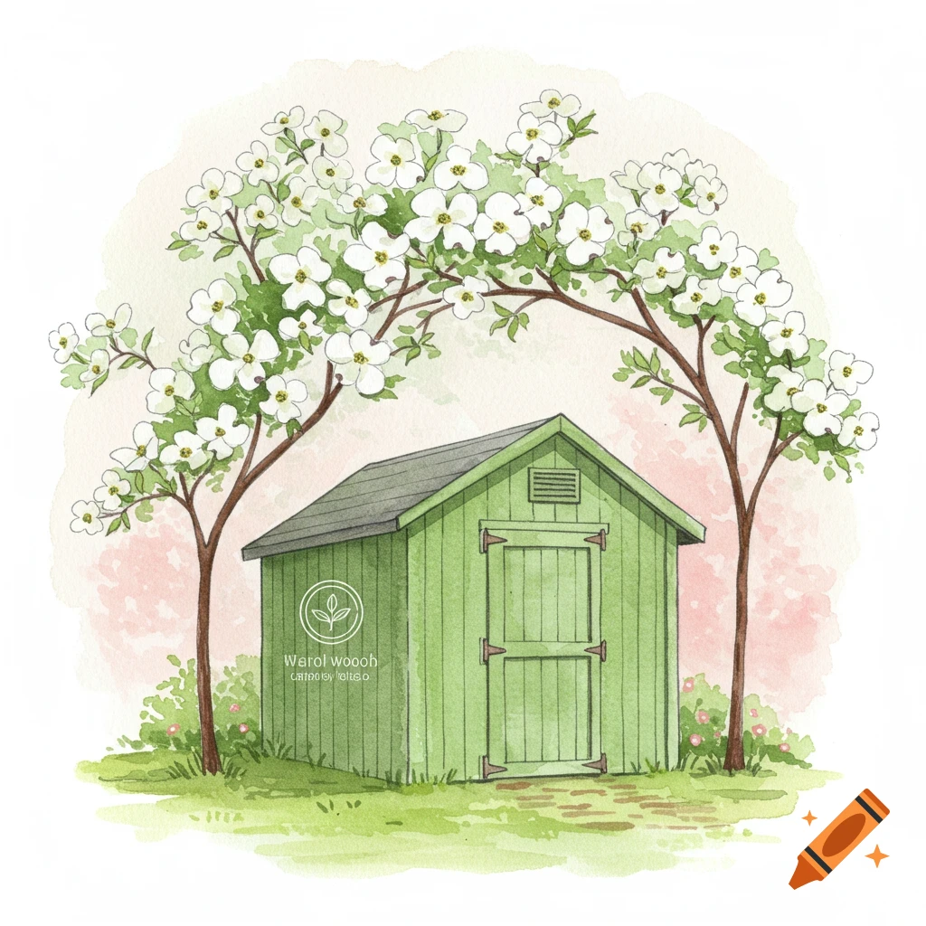Watercolor illustration of a green shed with flowering dogwood trees ...